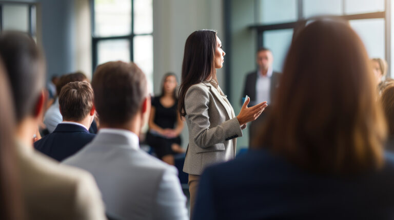 a moment of leadership of a businesswoman addressing in a office - 1 ...