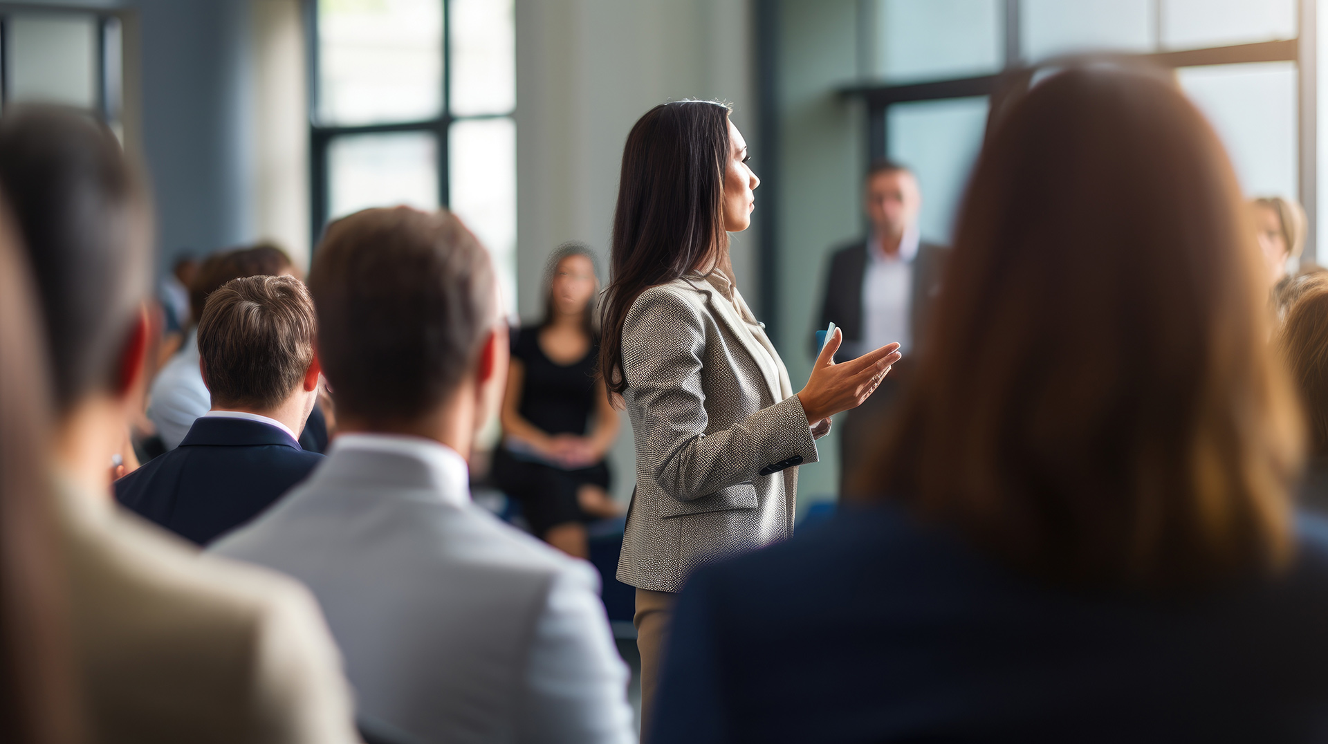 a moment of leadership of a businesswoman addressing in a office - 1 ...
